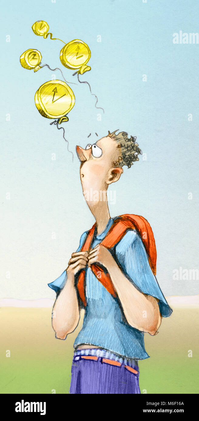 a boy looking sad and distracted watches clocks flying away Stock Photo ...