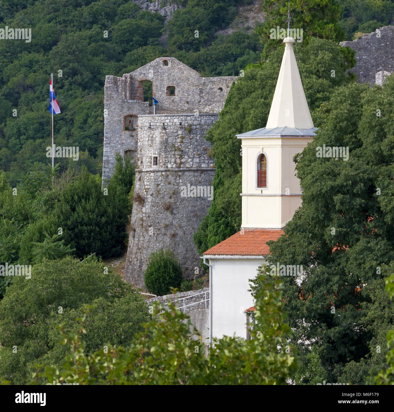 Trsat castle ruins and a bell tower in Rijeka, Croatia Stock Photo - Alamy