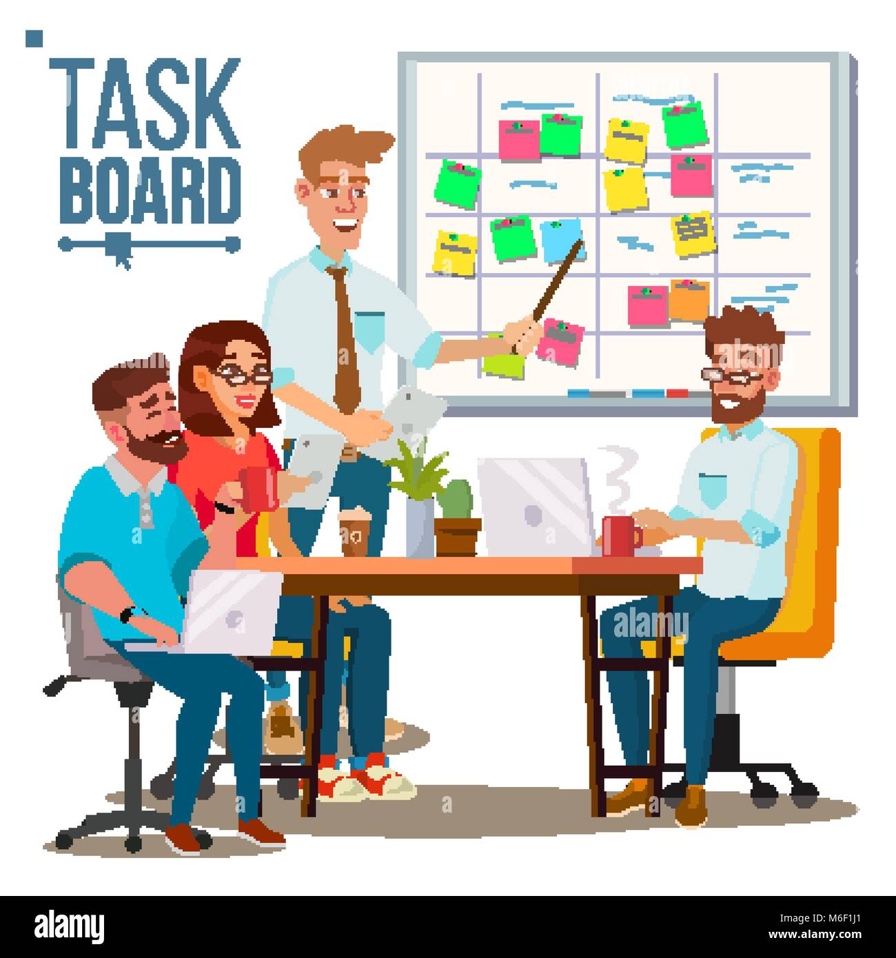 Business Characters Team Work Vector. Planning Team Work At The Scrum ...