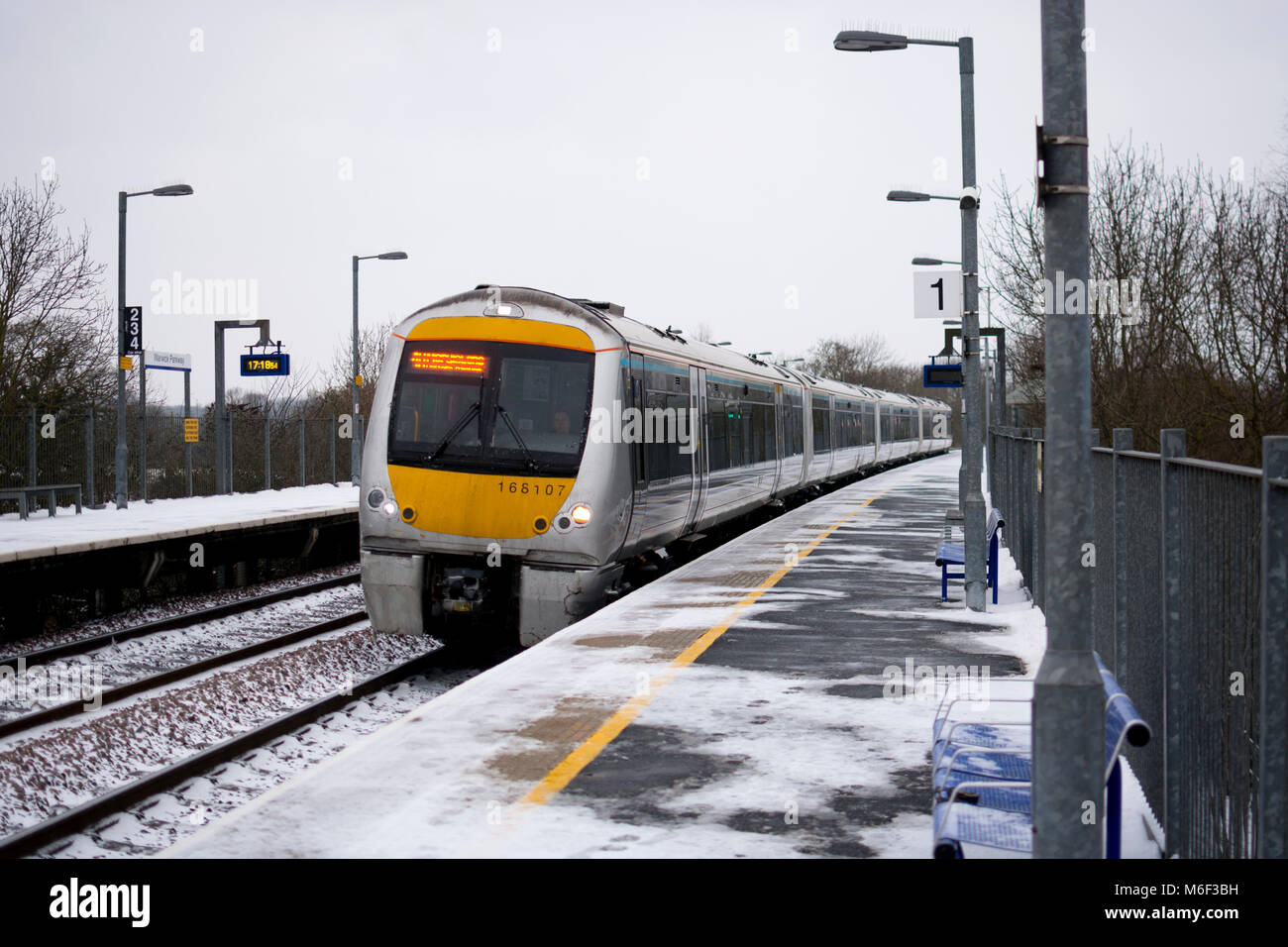 A Chiltern Railways class 168 train arriving at Warwick Parkway station ...