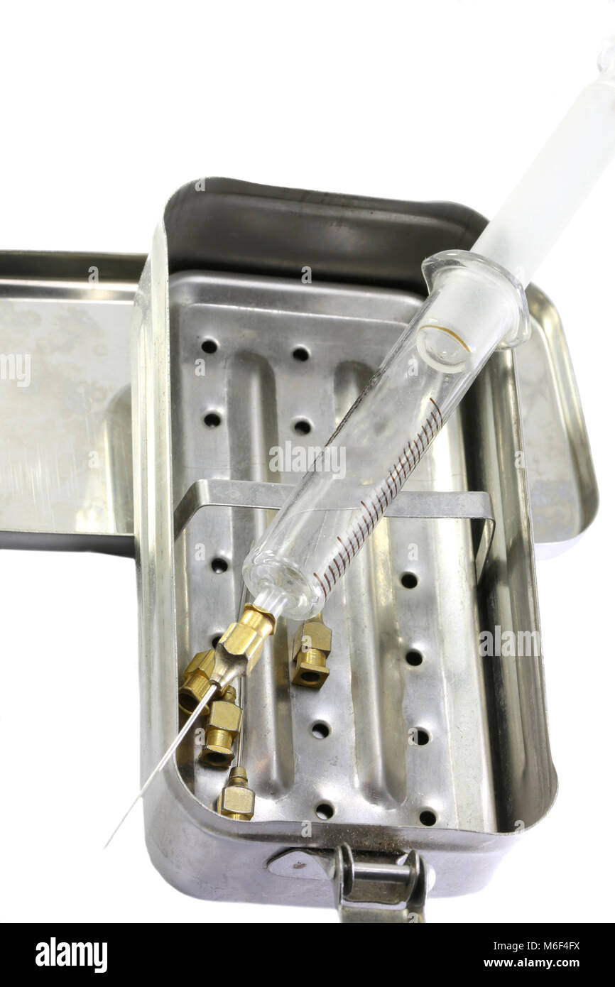 historic glass syringe with needles and steel container that must be ...