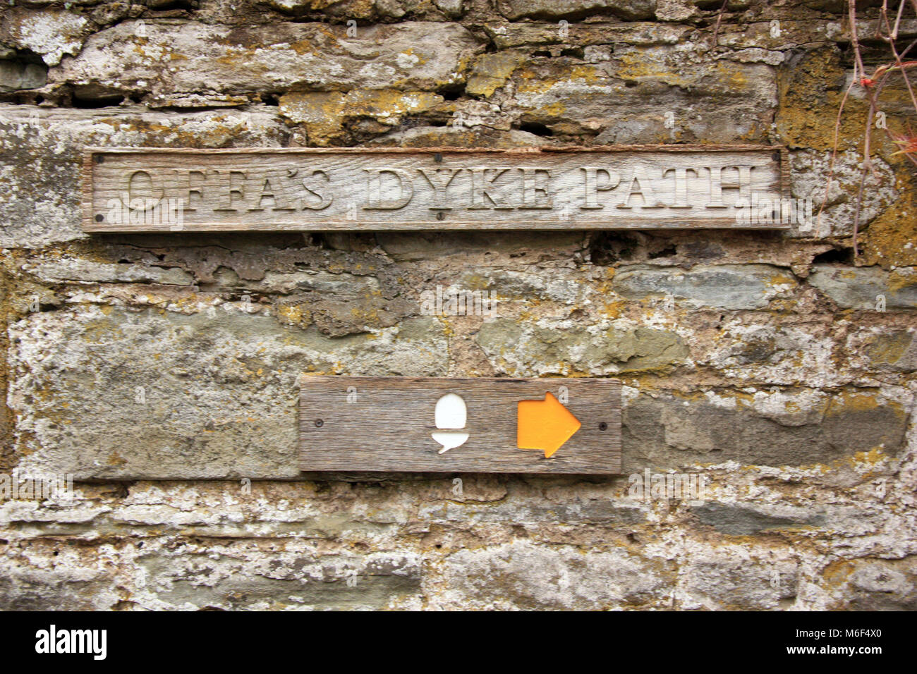 Way marker / sign post showing the direction on the 177 mile long Offa ...