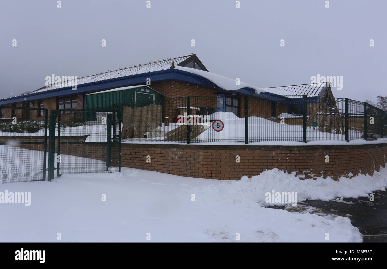 Exterior of Birkhill Primary School with snow Angus Scotland March 2018 ...