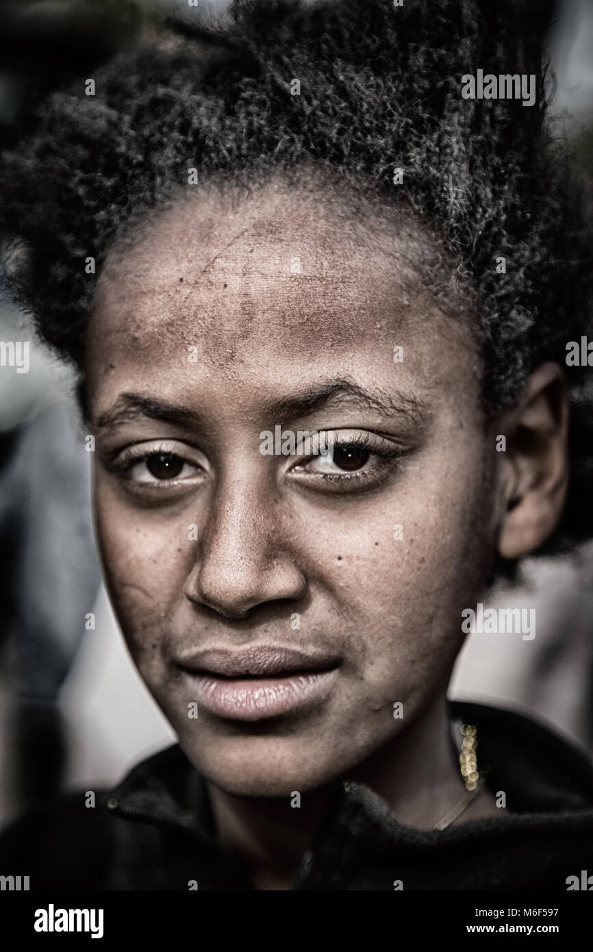 ETHIOPIA,LALIBELA-CIRCA JANUARY 2018--unidentified young girl in the ...