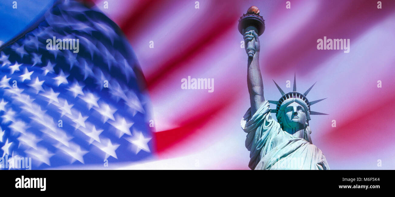 Statue of Liberty, and the Stars and Stripes flags,Liberty Island New ...