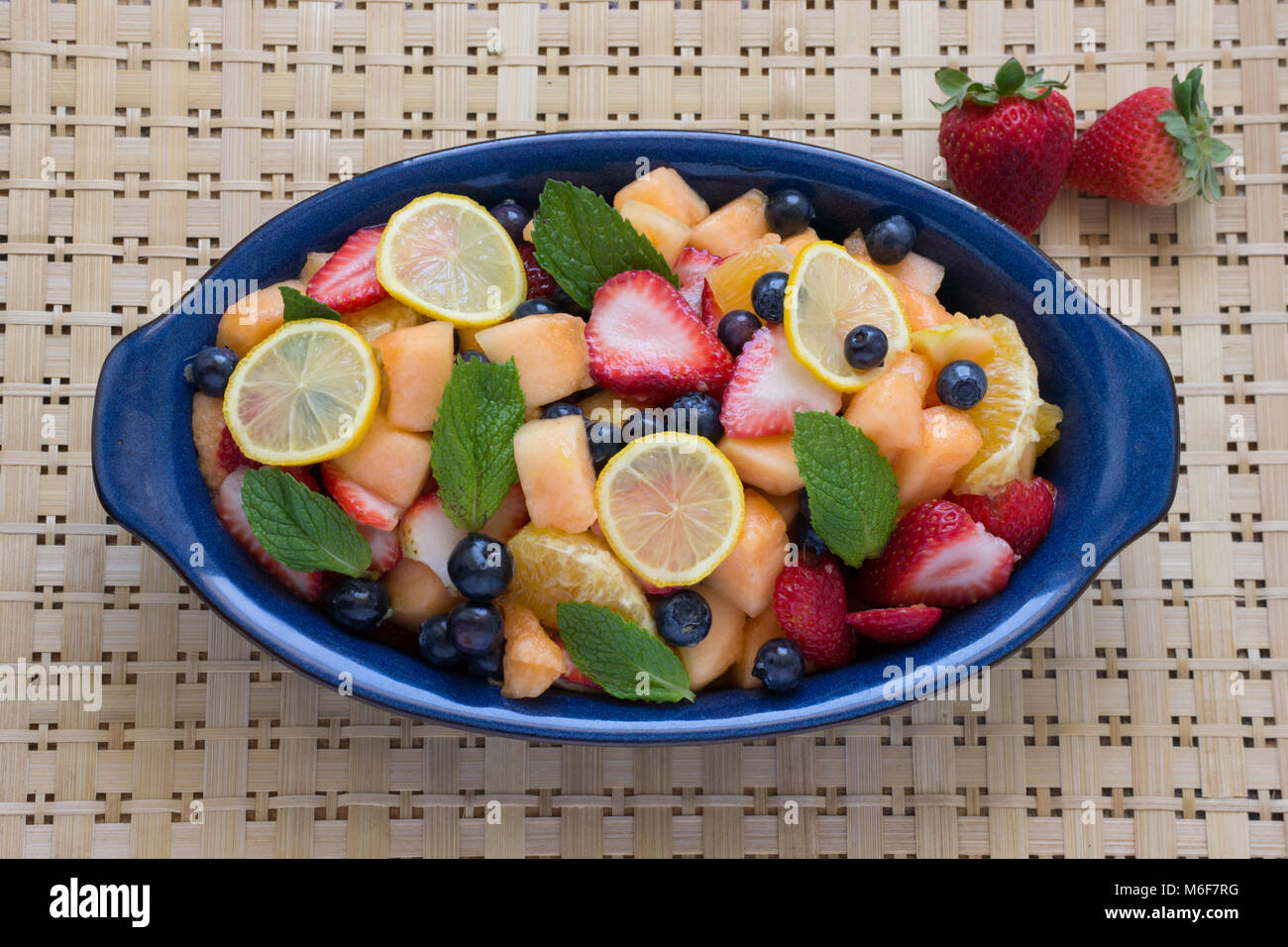 Bright Blue Serving Bowl with Fresh Summer Fruit, cubed, sliced, sweet ...