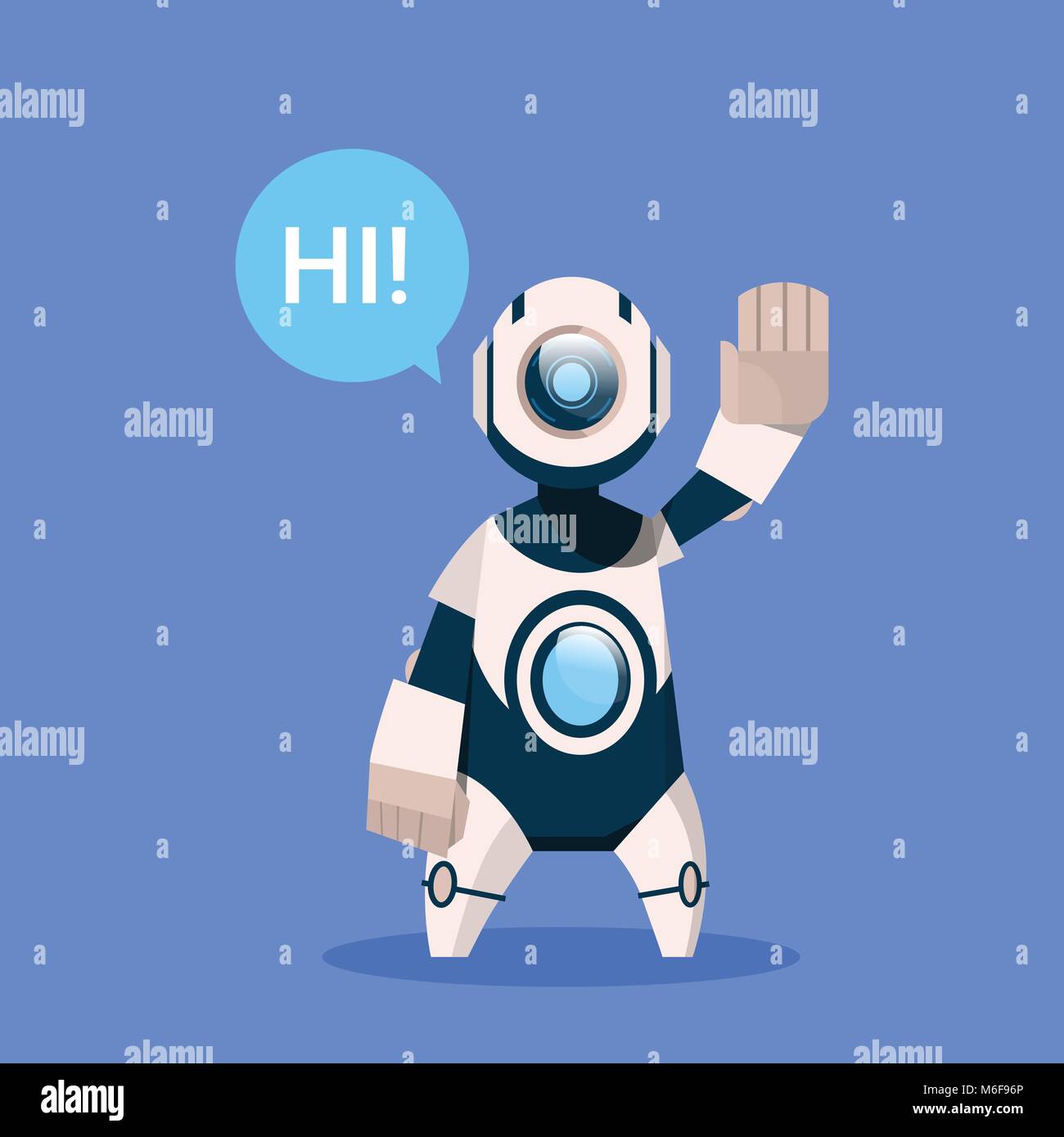 Robot Says Hi Greeting Cyborg Isolated On Blue Background Concept ...
