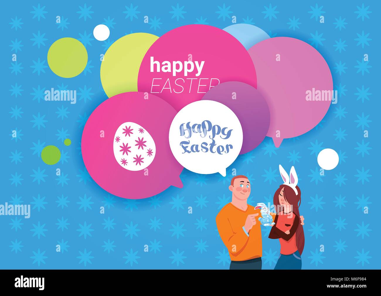 Happy Easter Poster With Couple And Funny Bunny On Colorful Chat Bubbles Background Stock Vector ...
