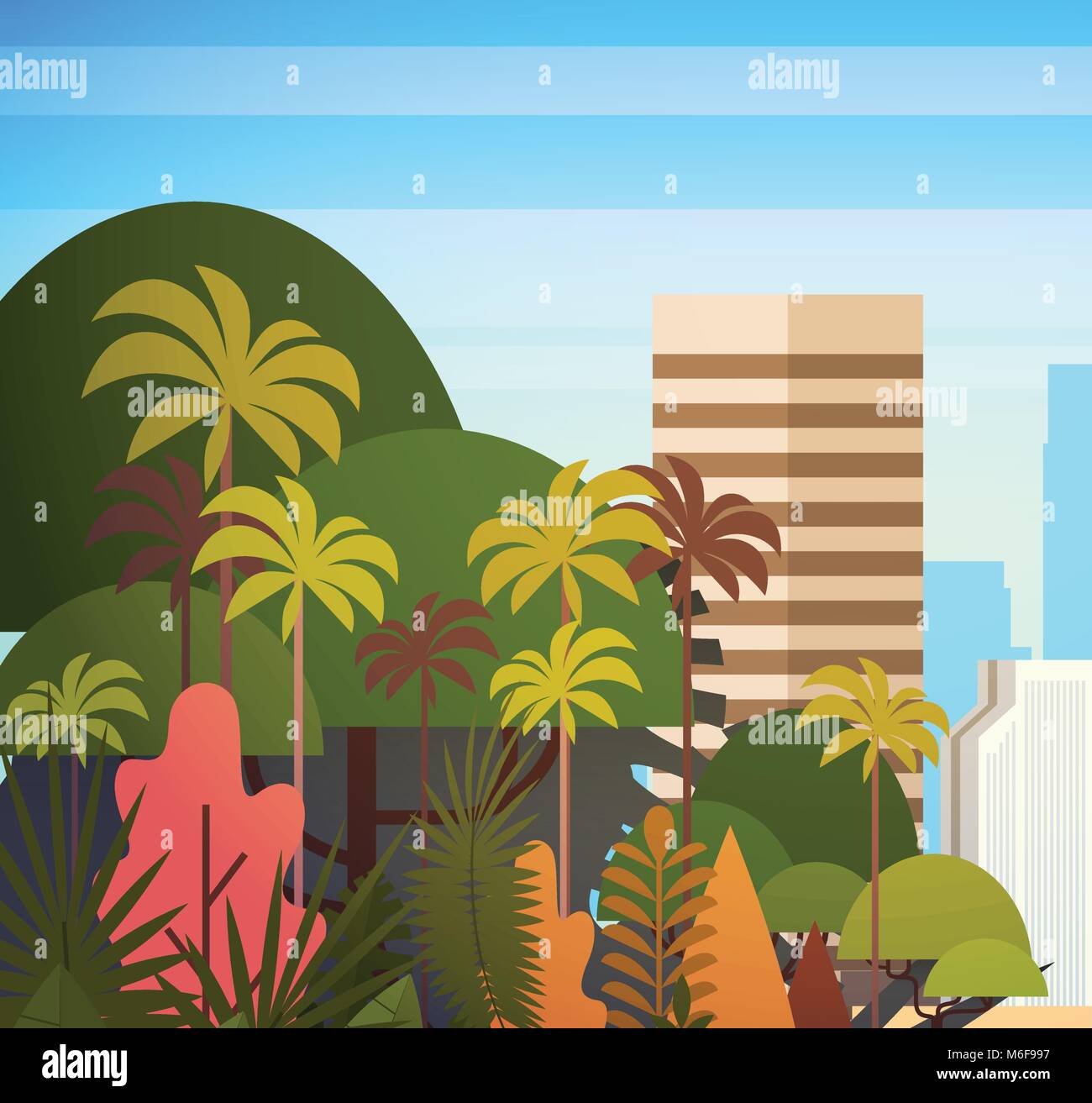 Palm Tree Park Over City Buildings Skyscrapers Background Summer ...