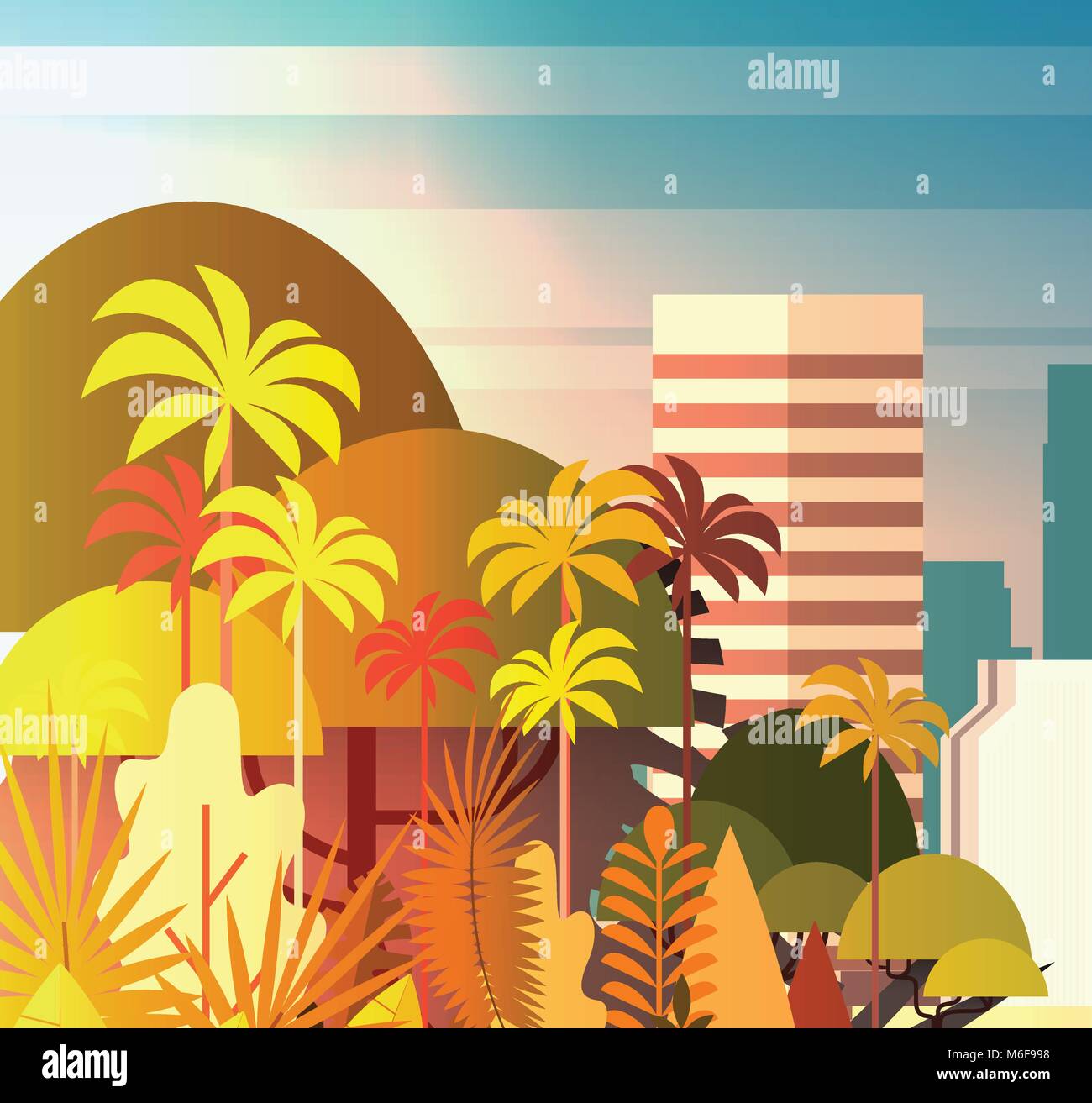 Palm Tree Park Over City Buildings Skyscrapers Background Summer ...