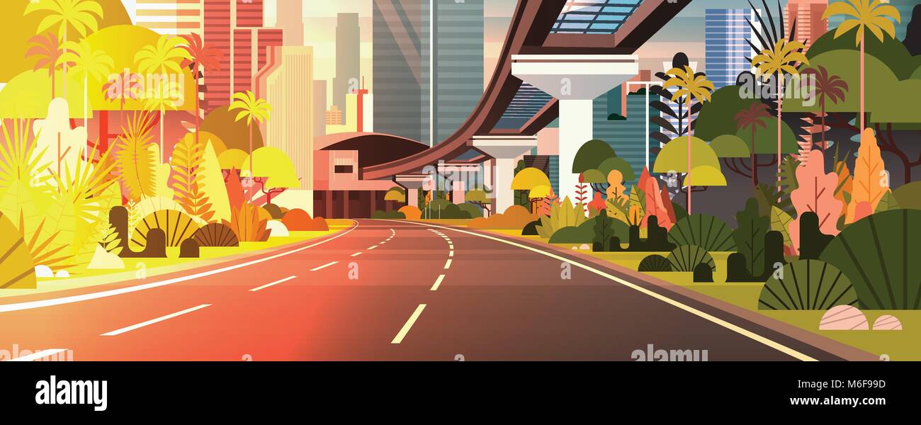 Modern City Sunset View Horizontal Banner Highway Road With Skyscrapers ...