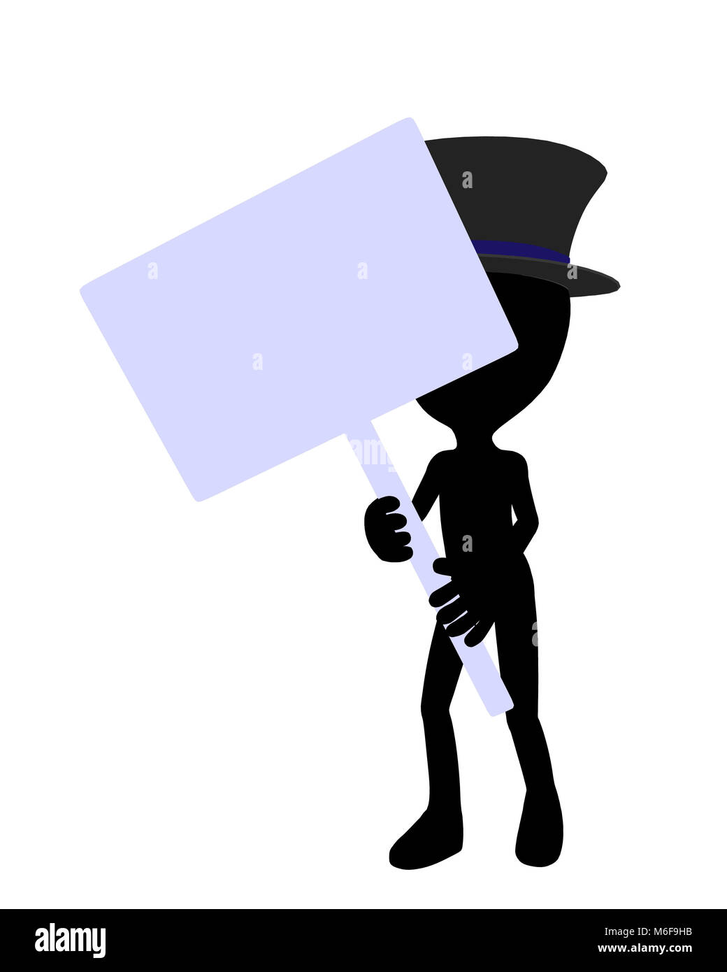 Cute black silhouette top hat guy holding a blank sign on a white ...