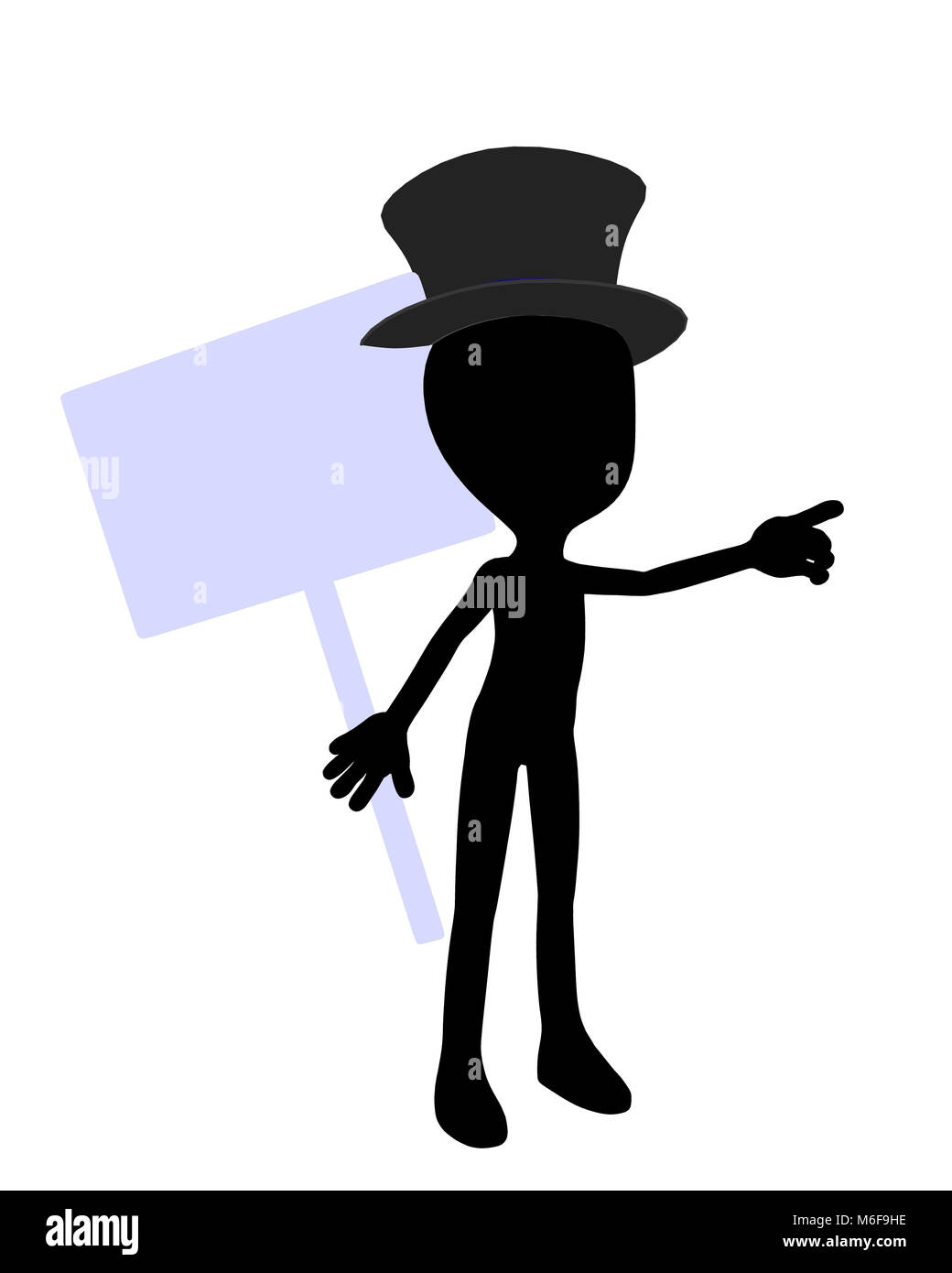 Cute black silhouette top hat guy holding a blank sign on a white ...