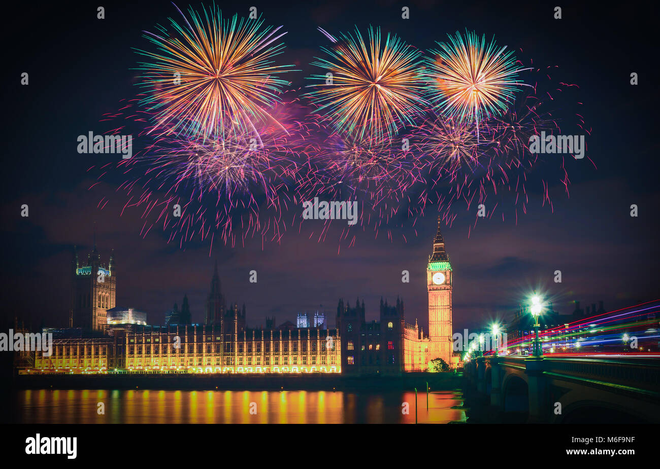 Firework show over Big Ben at night, London, UK Stock Photo - Alamy