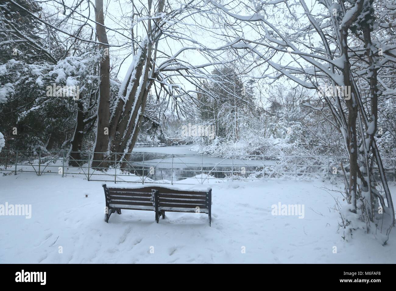 Dublin, Ireland. 3rd March 2018.A park bench in Marlay Park in Dublin ...