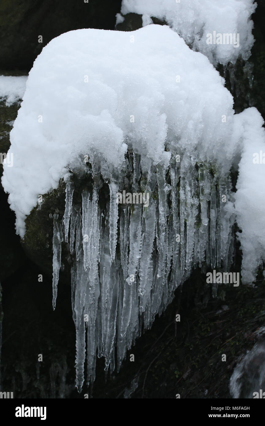 Dublin, Ireland. 3rd March 2018.Icicles hang from a waterfall in Marlay ...