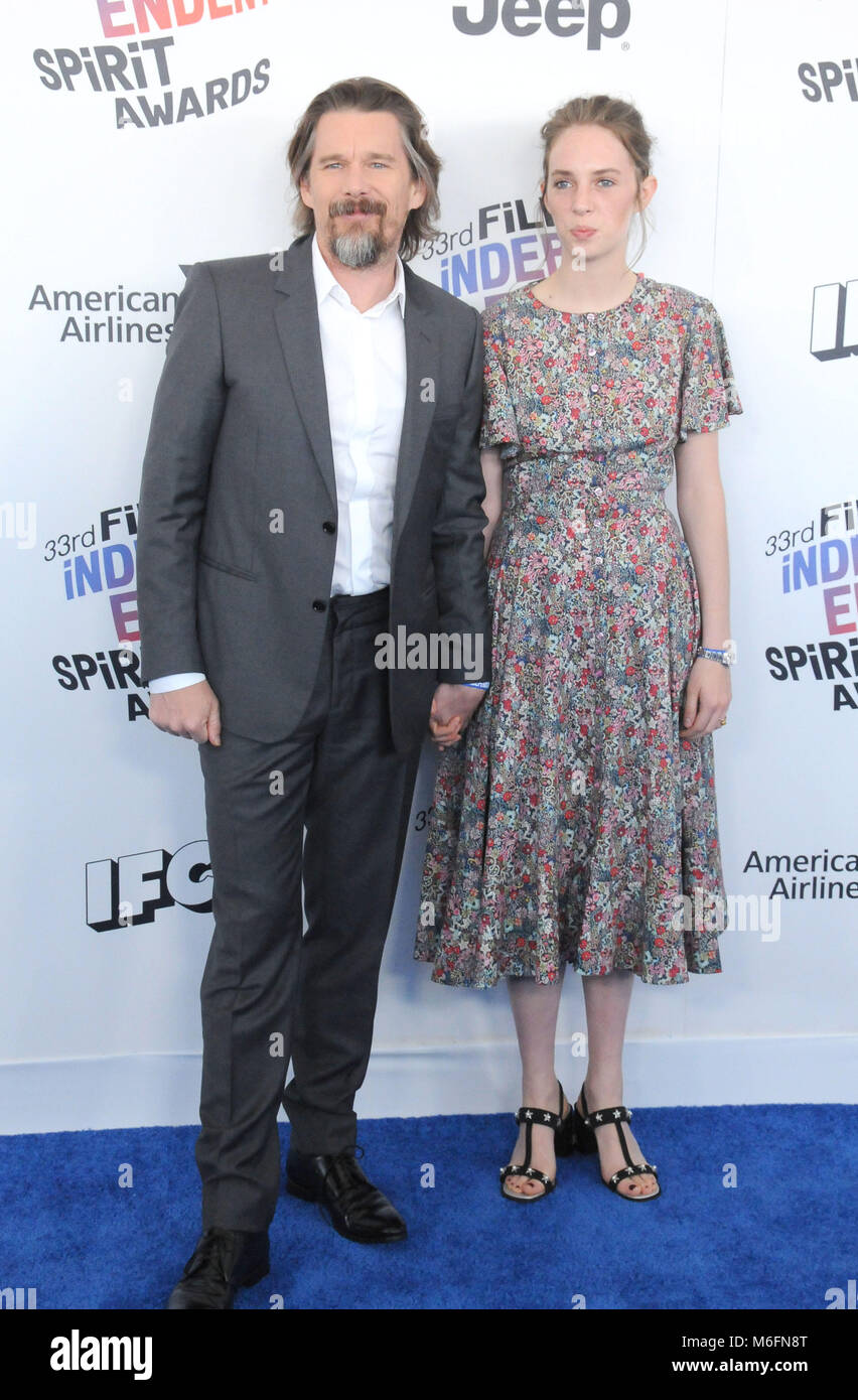 SANTA MONICA, CA - MARCH 03: (L-R) Actor Ethan Hawke and daughter ...