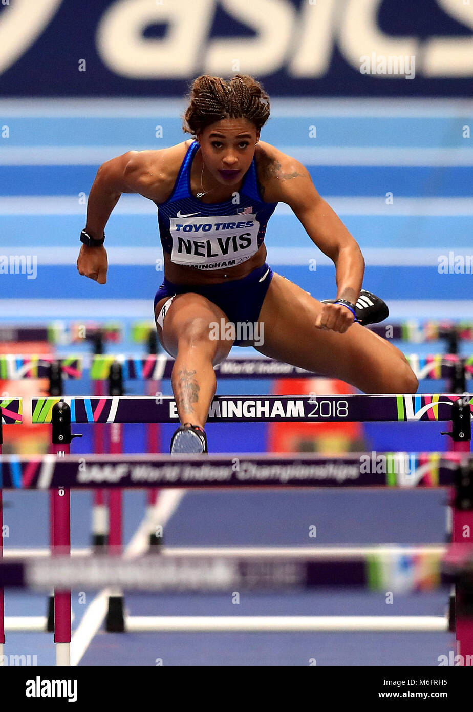 USA's Sharika Nelvis (centre) in action during the Women's 60m Hurdles ...