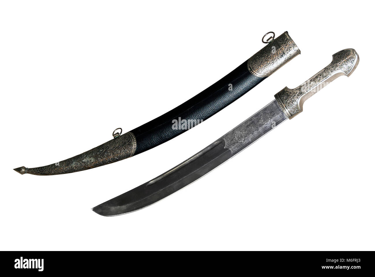 vintage traditional caucasian curved dagger with scabbard on white ...