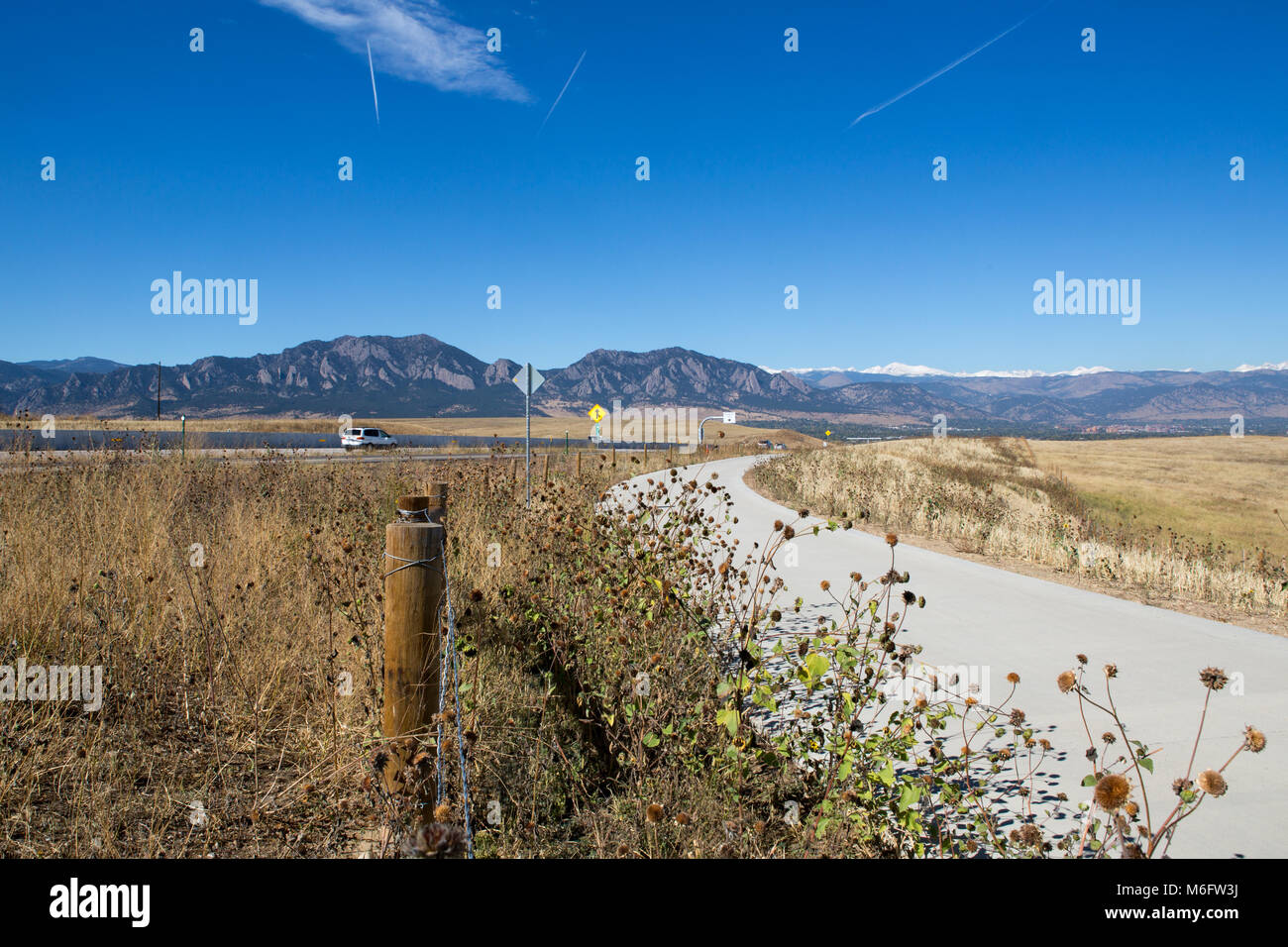 Road in Colorado on the way to Boulder city and view of the mountains ...