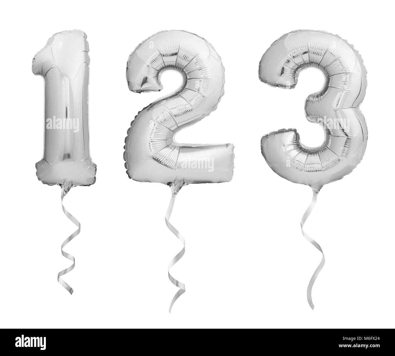 Silver numbers 1, 2, 3 made of inflatable balloons with ribbons ...