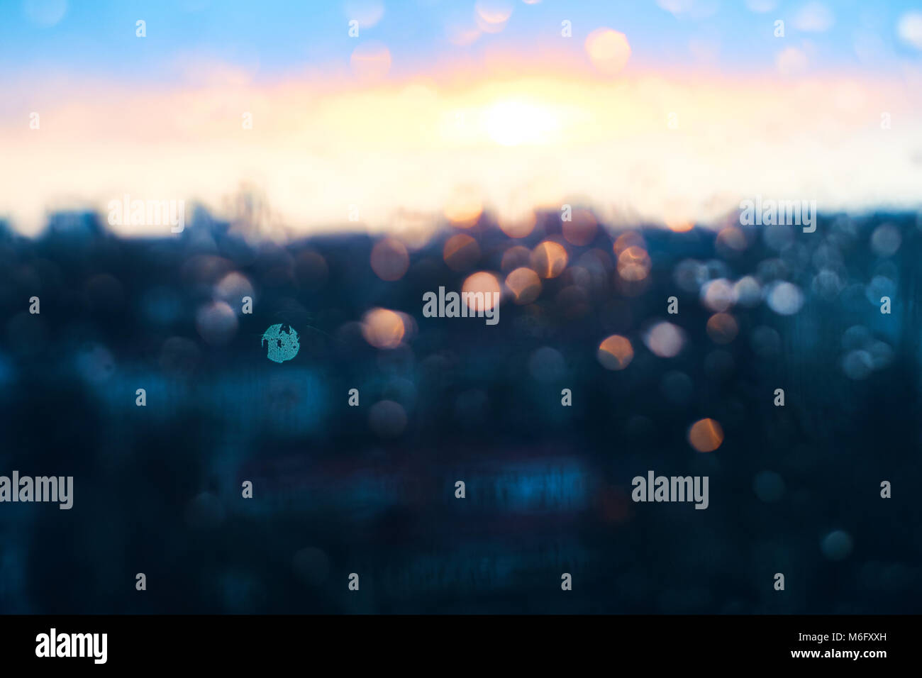 Rain drops texture on window glass with stunning vintage blue violet ...