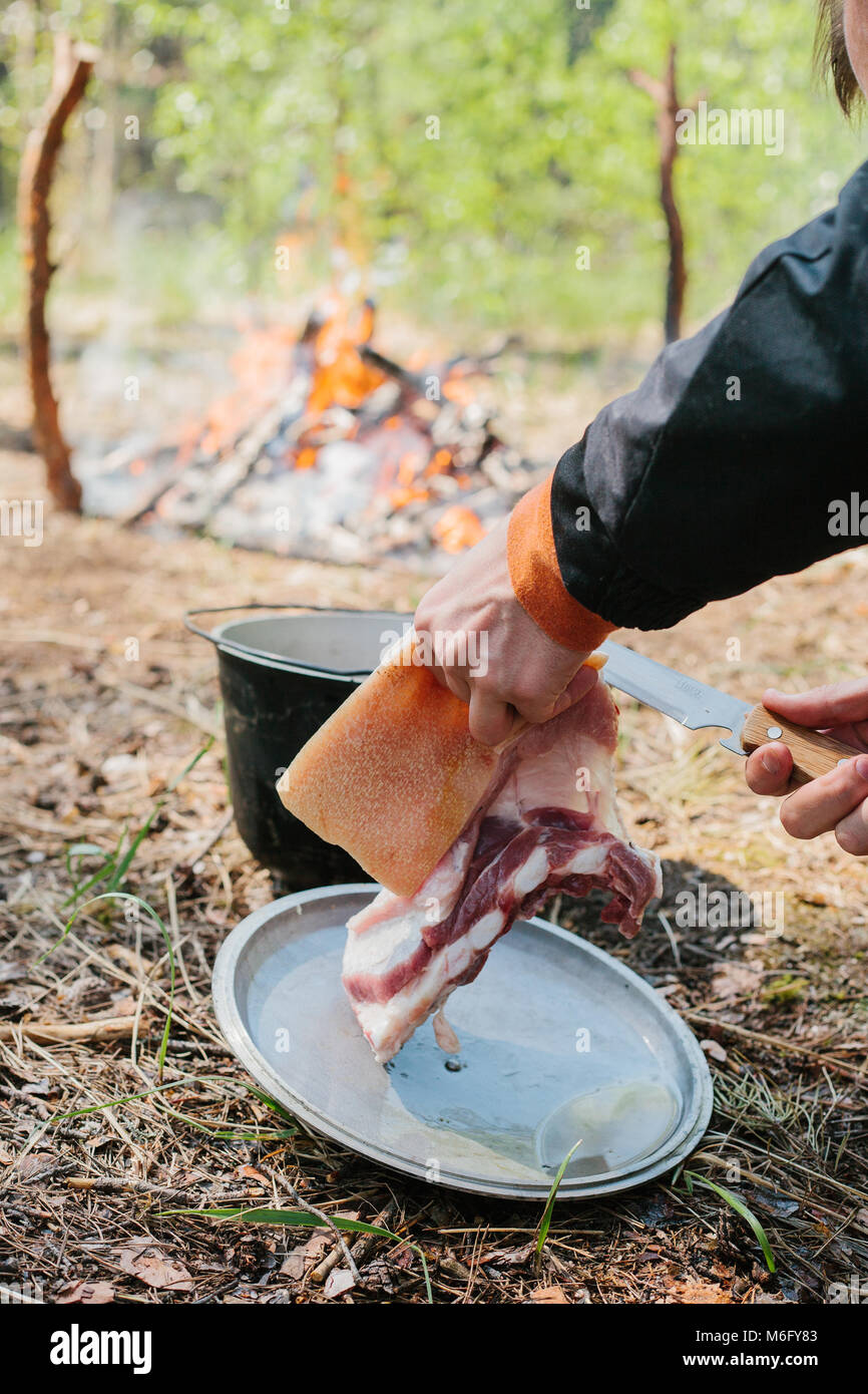Cooking in the forest. Camping. Journey into the wild Stock Photo - Alamy