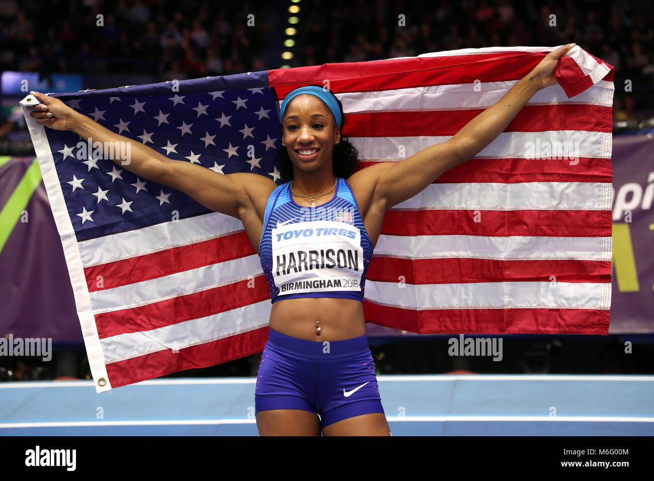 USA's Kendra Harrison celebrates winning gold at the Woman's 60 Metre ...