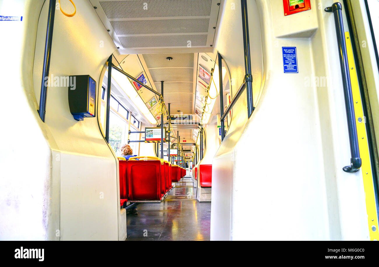 VIENNA,AUSTRIA - SEPTEMBER 3 2017; Inside an urban bus the aisle, seats ...