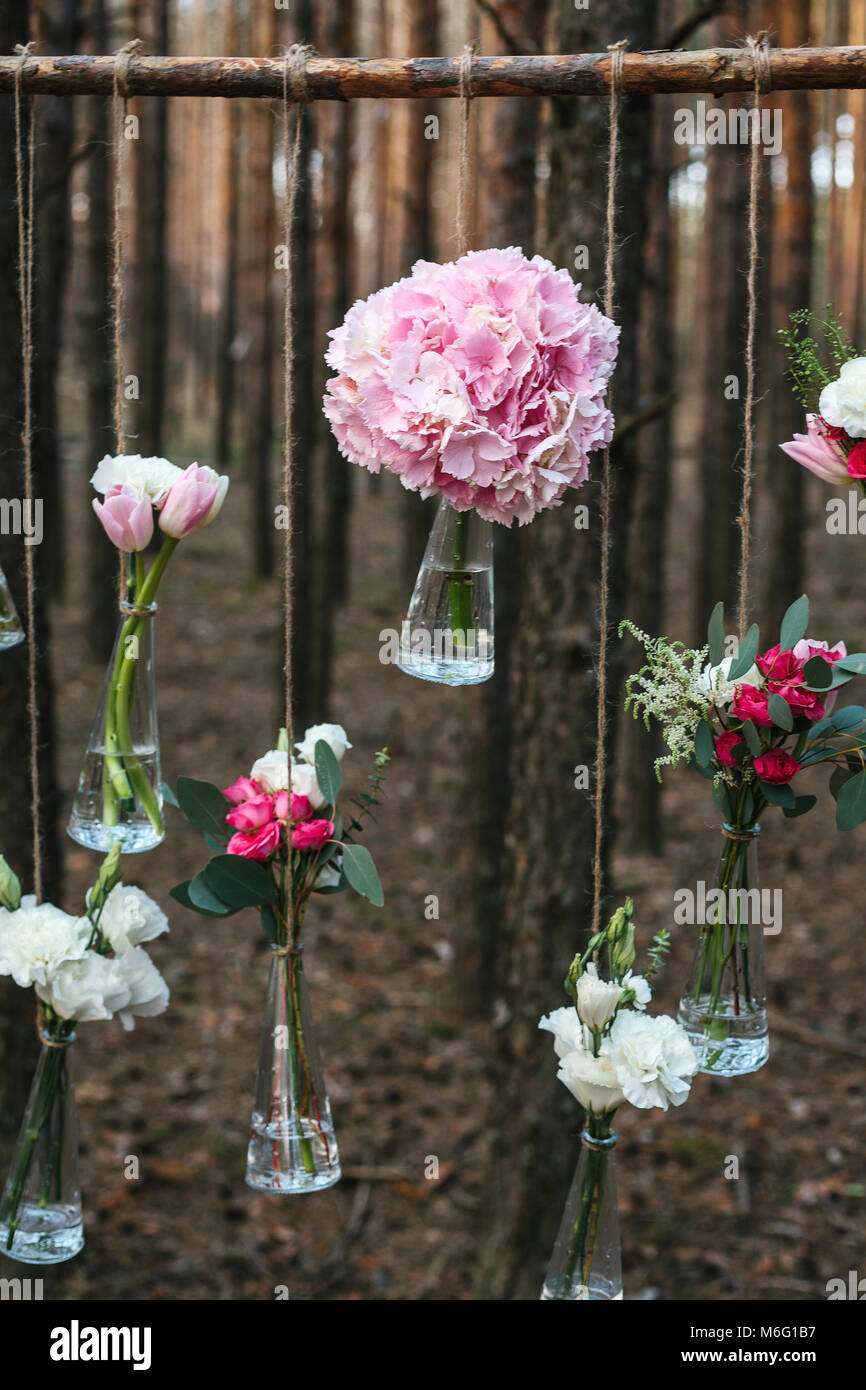 Wedding flowers decoration arch in the forest. The idea of a wedding ...