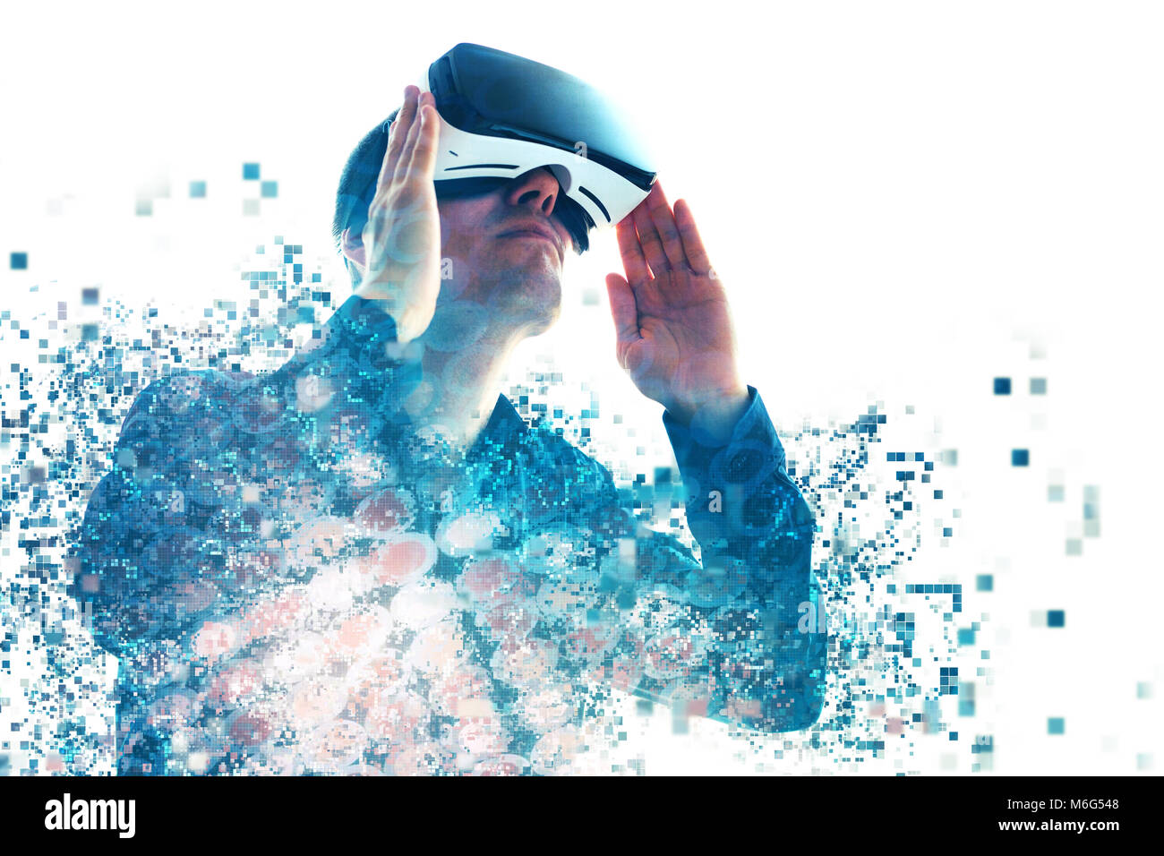 A person in virtual glasses flies to pixels. The man with glasses of ...