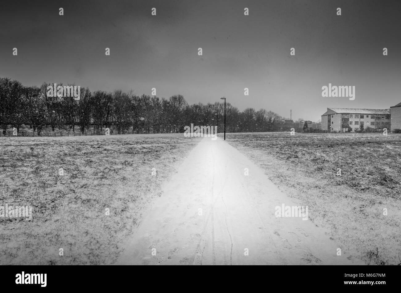 Snow covered path to huntingdon town center during storm Emma in the UK ...