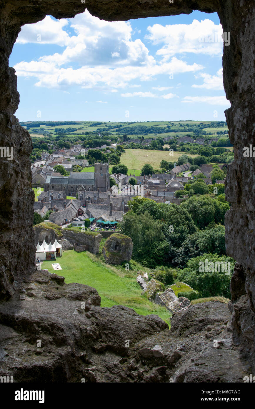 A view of the village from the ruins of Corfe Castle, Dorset, England ...