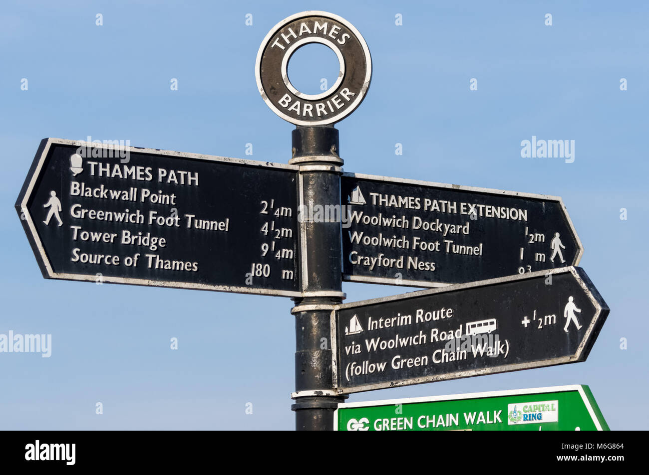 Thames Path signpost near the Thames Barrier, London, England, United ...