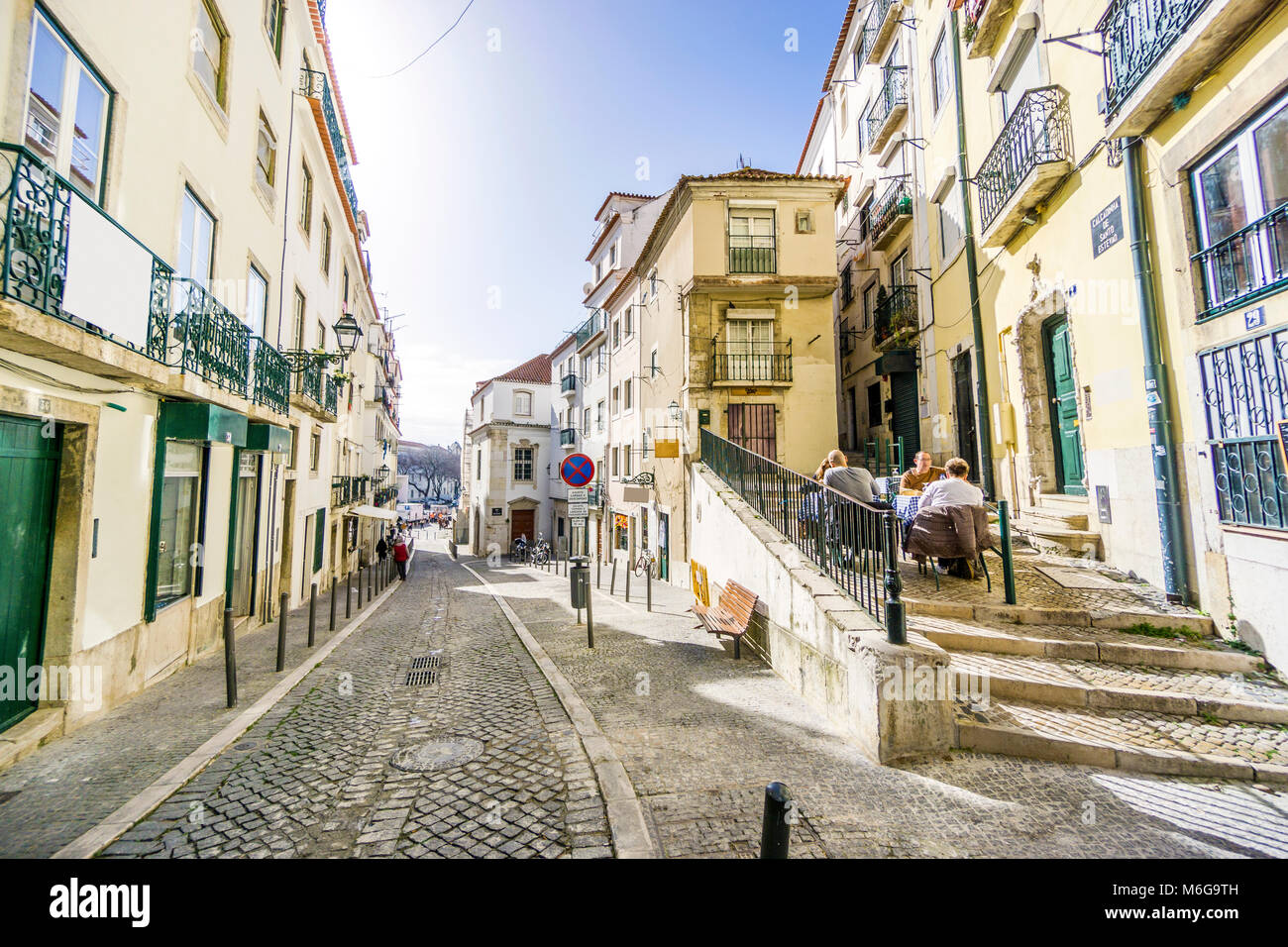 Charming street of historic part called Alfama, Lisbon, Portugal Stock ...