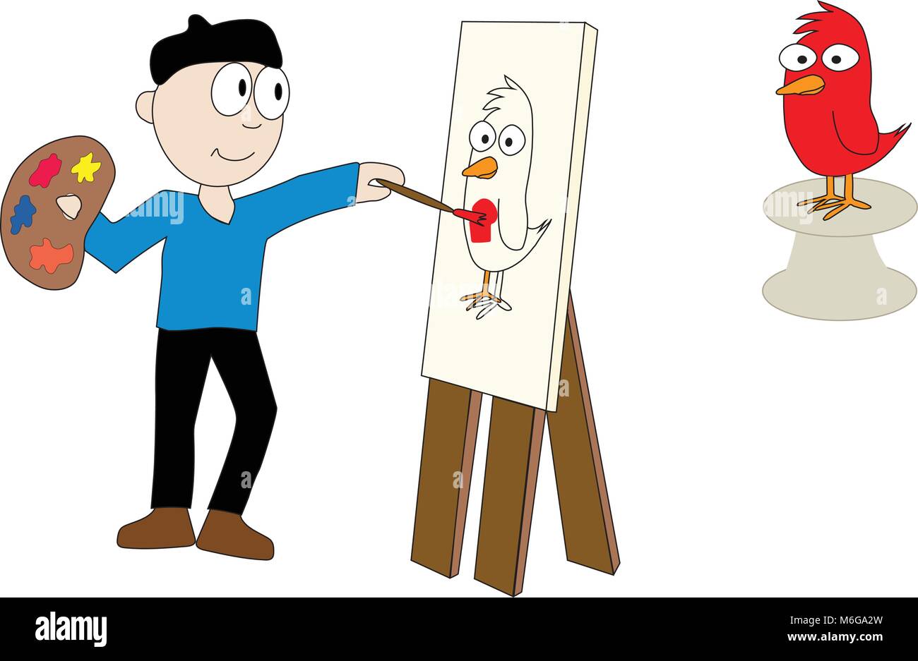 Illustrated cartoon male painter holding pallet of paints with easel ...