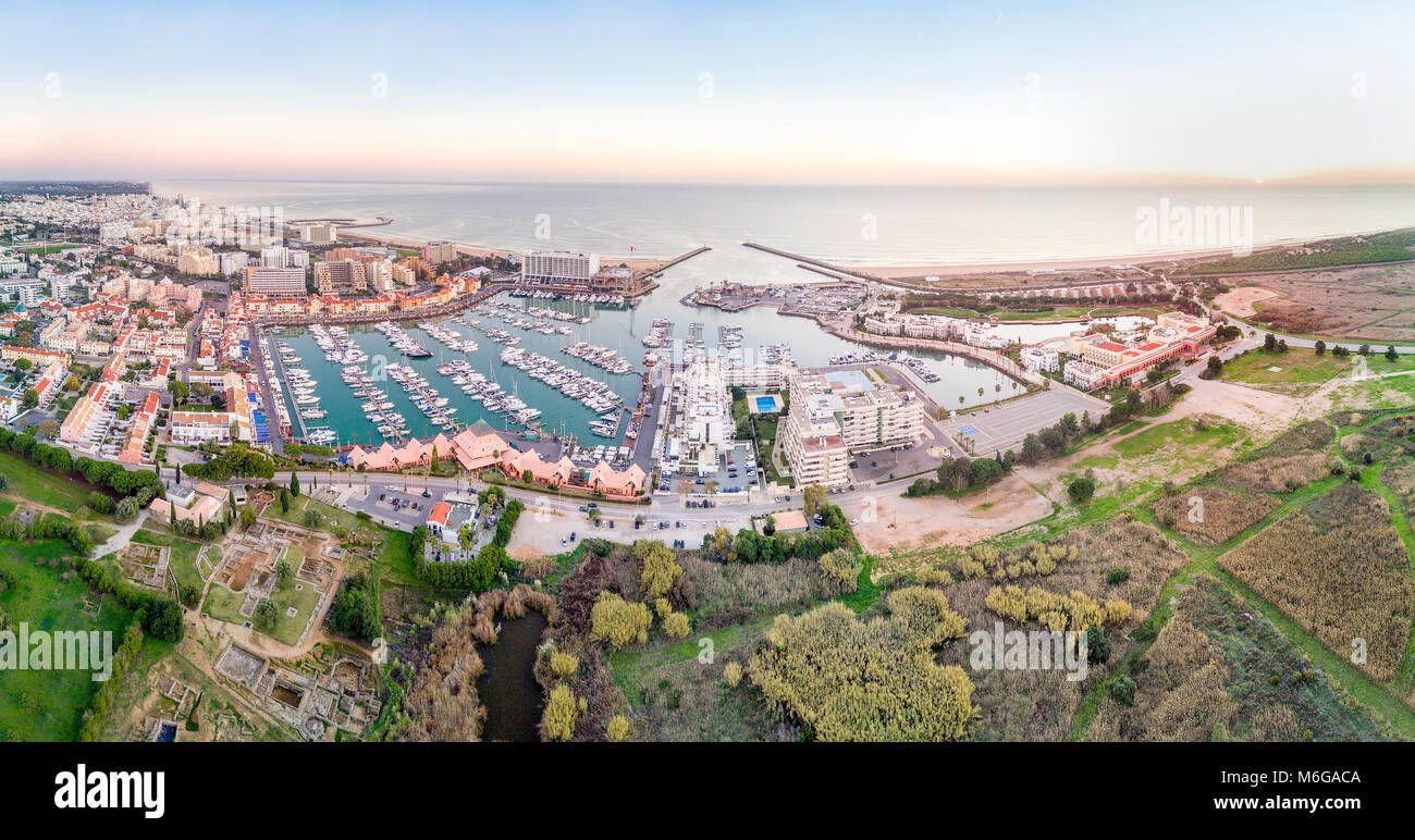 Panoramic, aerial view of Vilamoura with roman ruins, Quarteira ...
