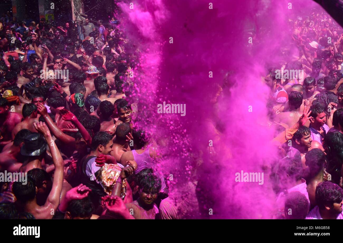 Allahabad, India. 03rd Mar, 2018. Revelers smeared in color powder ...