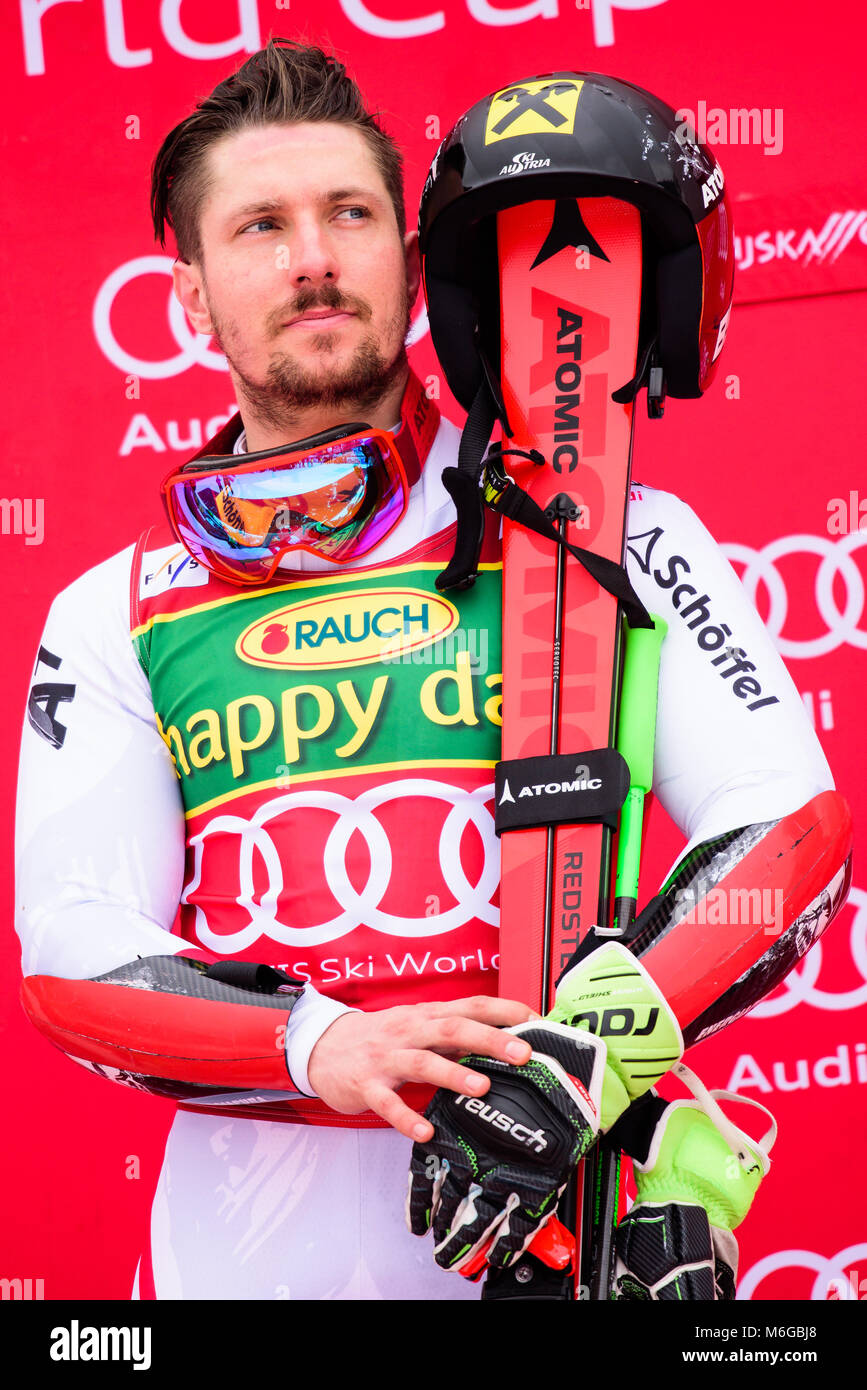 Kranjska Gora, Slovenia. 03rd Mar, 2018. Marcel Hirscher of Austria on ...
