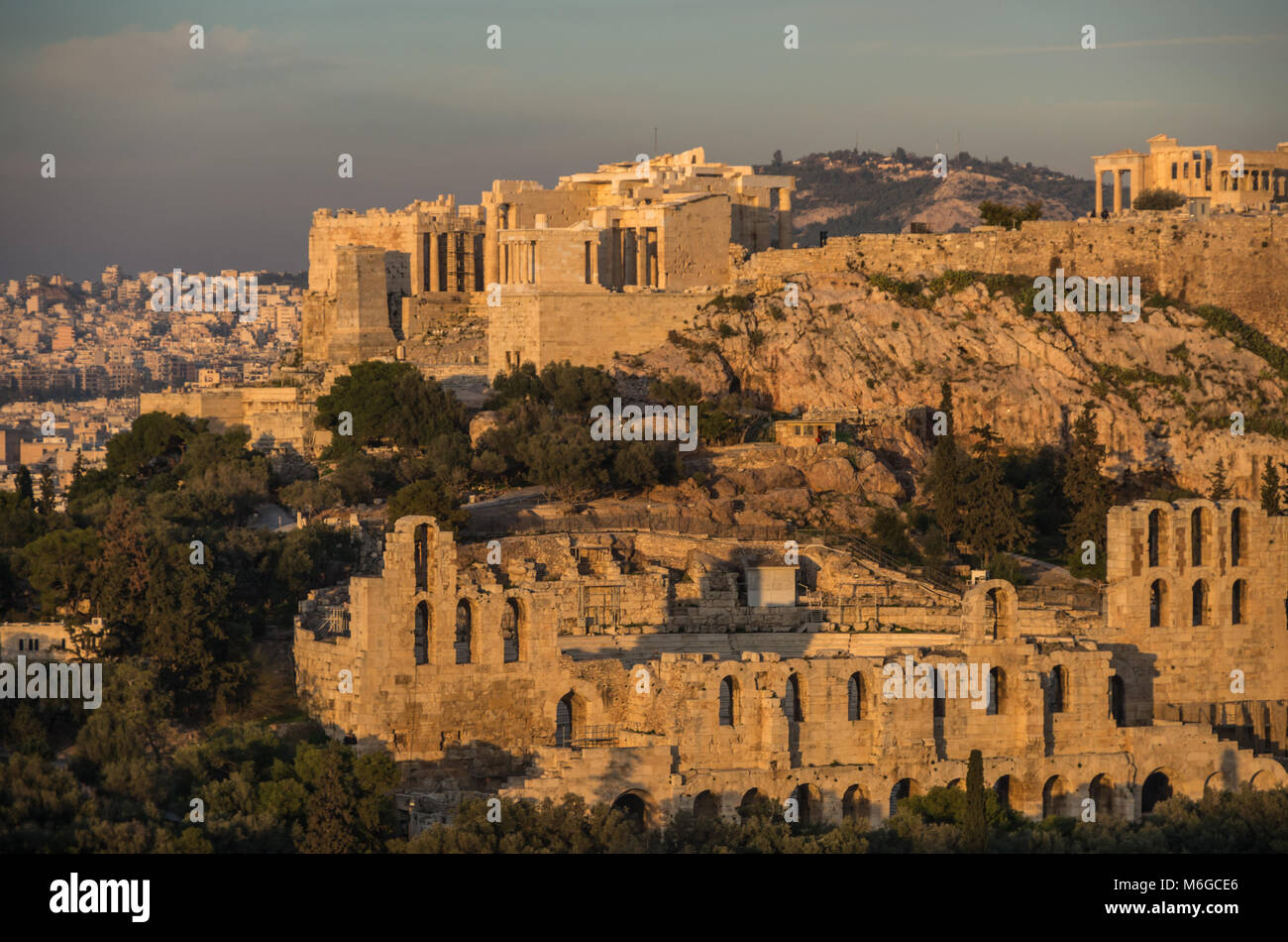 View to Acropolis with Propylaea and The Odeon of Herodes Atticus Theatre. Athens, Greece Stock ...