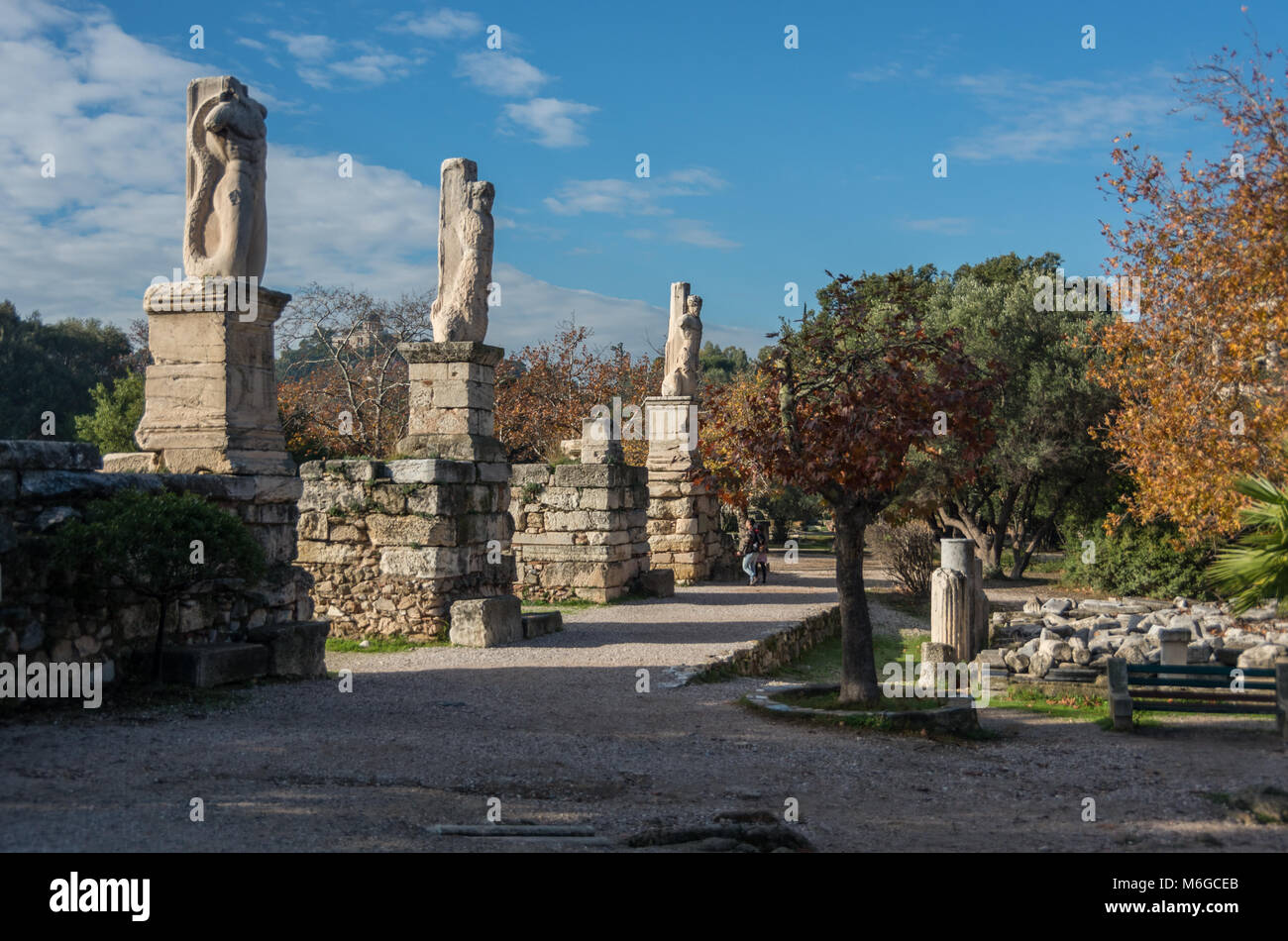 Odeon of Agrippa statues in the Ancient Agora of Athens, Greece Stock ...