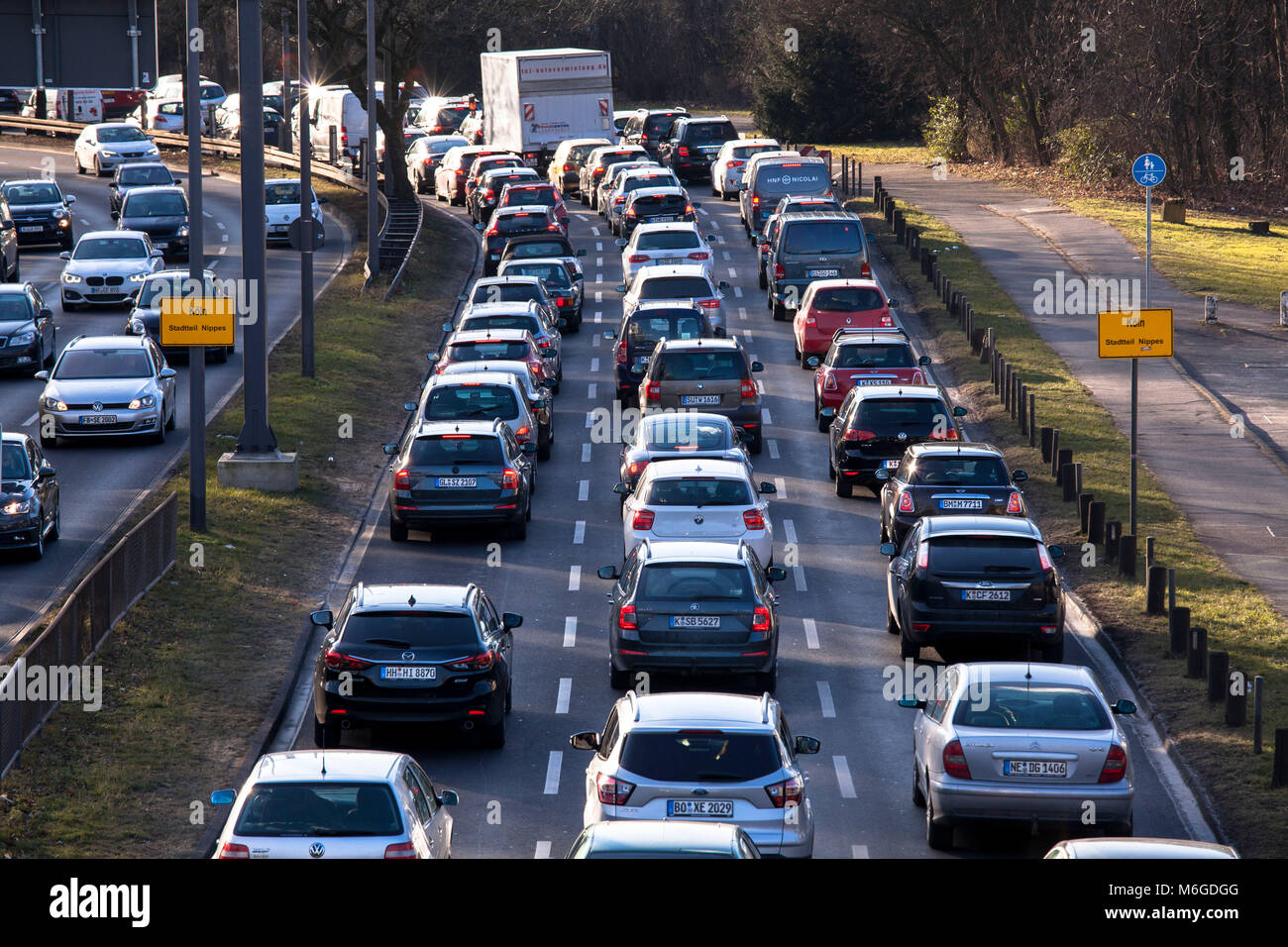 Germany, Cologne, traffic jam on the street Innere Kanalstrasse, one of ...