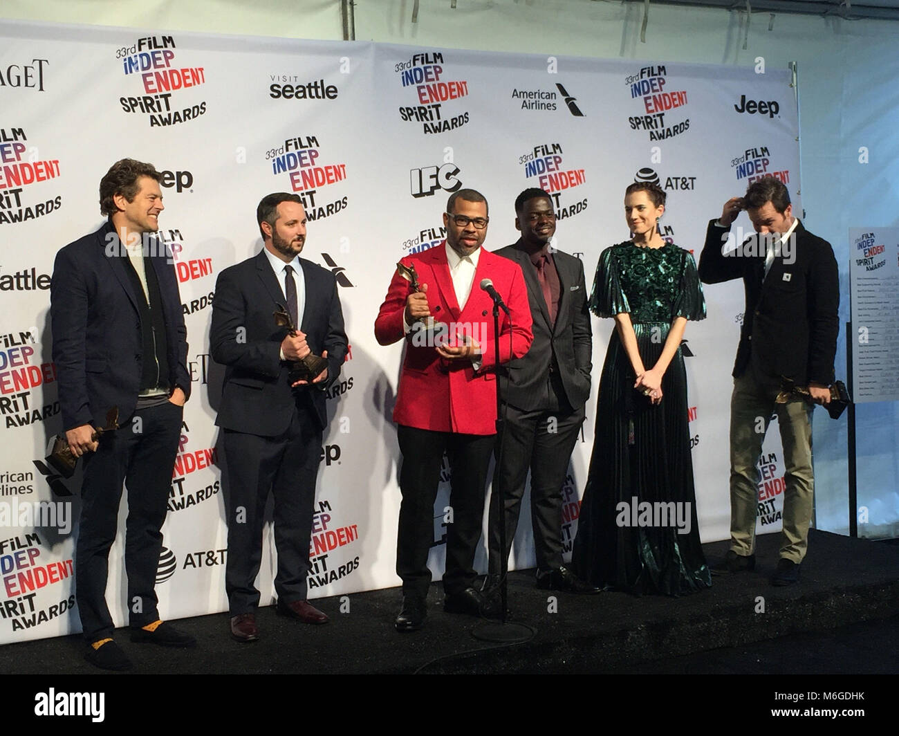 Jordan Peele (centtre), Daniel Kaluuya (third right) and the Get Out ...