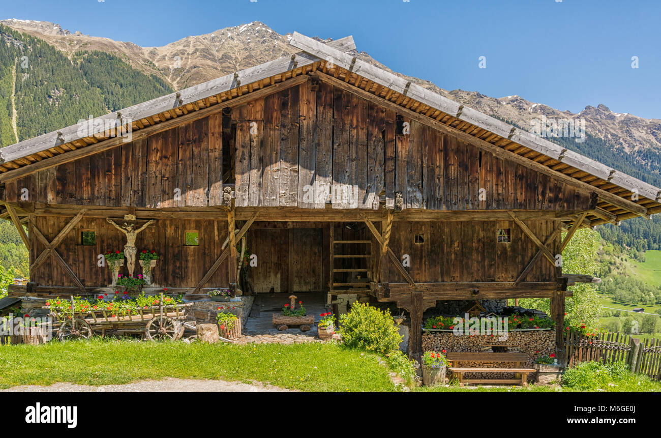 Wooden house typical in a alps village on Ridnaun Valley/Ridanna Valley ...