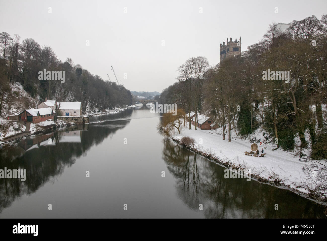 View of the River Wear and Durham Cathedral in late winter with snow ...