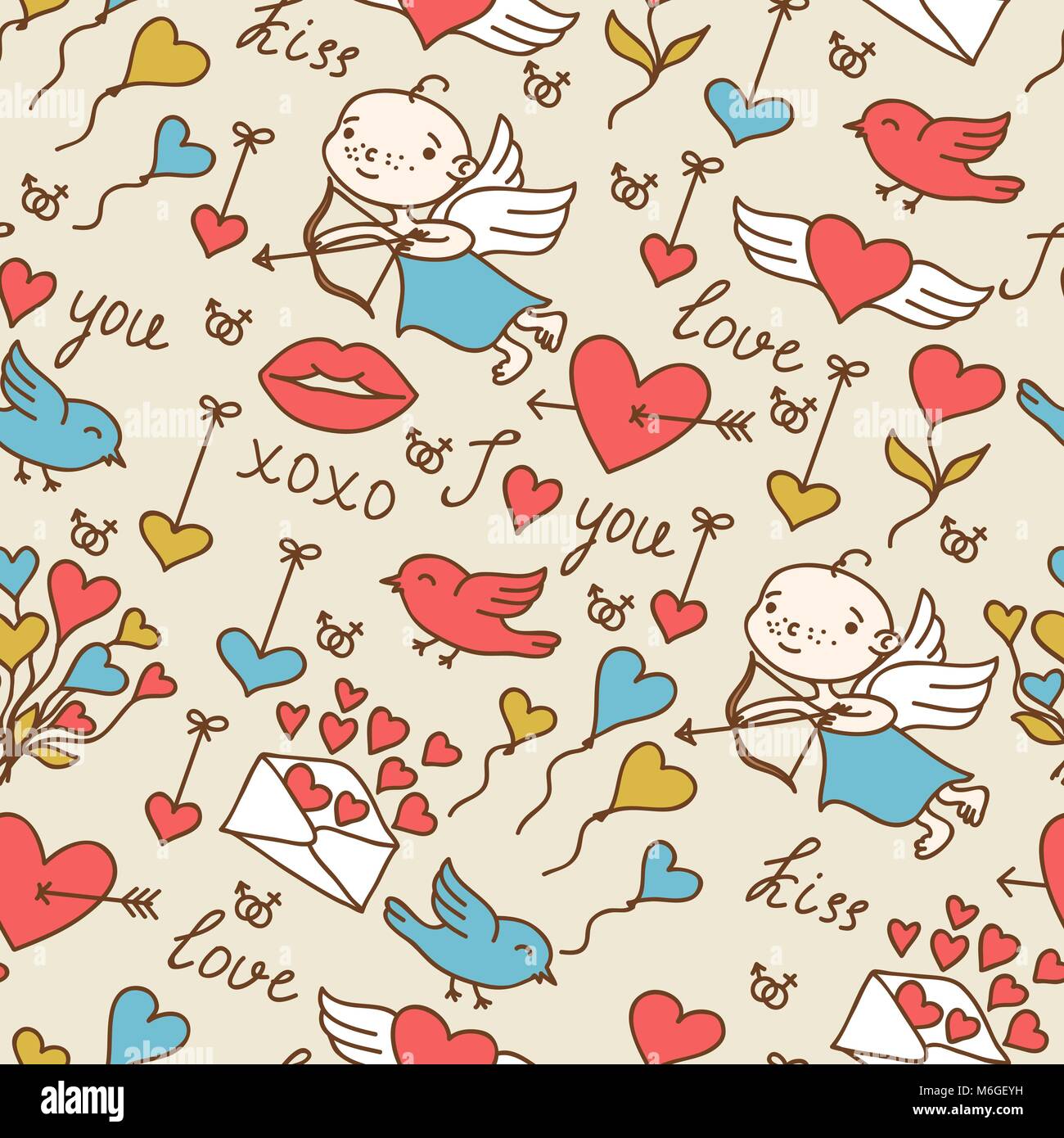 Valentine's day lovely seamless texture with cute doodles Stock Vector ...