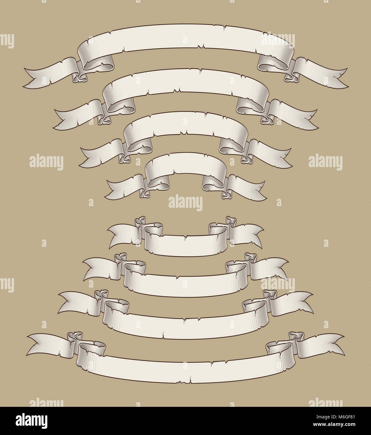 Vector illustration of age old papyrus or parchment ribbons. Four sizes ...