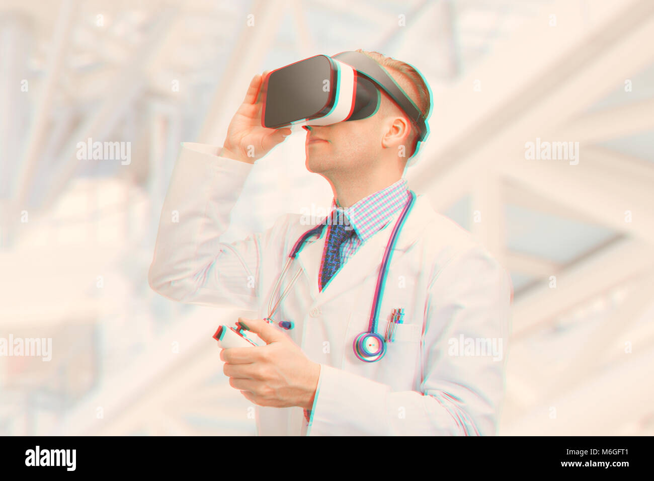 Indoors shot of doctor using virtual reality glasses. Filtered image ...