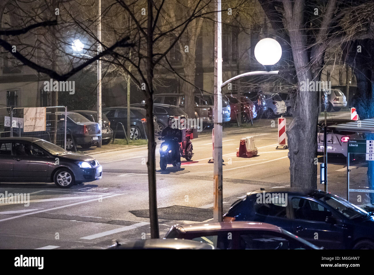 Motorbikers at night, cars traffic, night, Strasbourg, Alsace, France ...