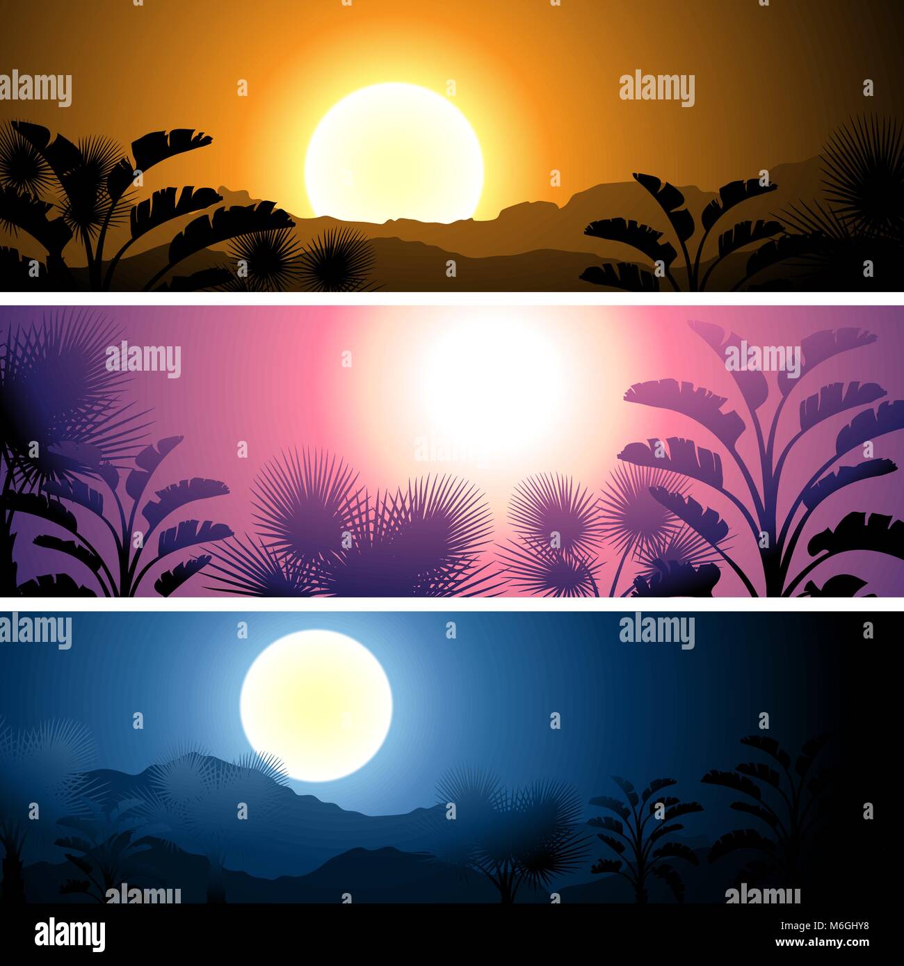 Tropical banners set landscape, sun, moon and palm trees Stock Vector ...